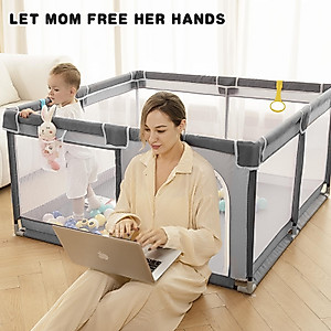 DEAR LOV Baby Playpen, 50"x50" Baby Playard, Playpen for Babies and Toddlers with Gate, Small Baby Playpen, Indoor & Outdoor Kid Activity Center with Anti-Slip Base, Sturdy Safety with Soft Mesh(Gray)