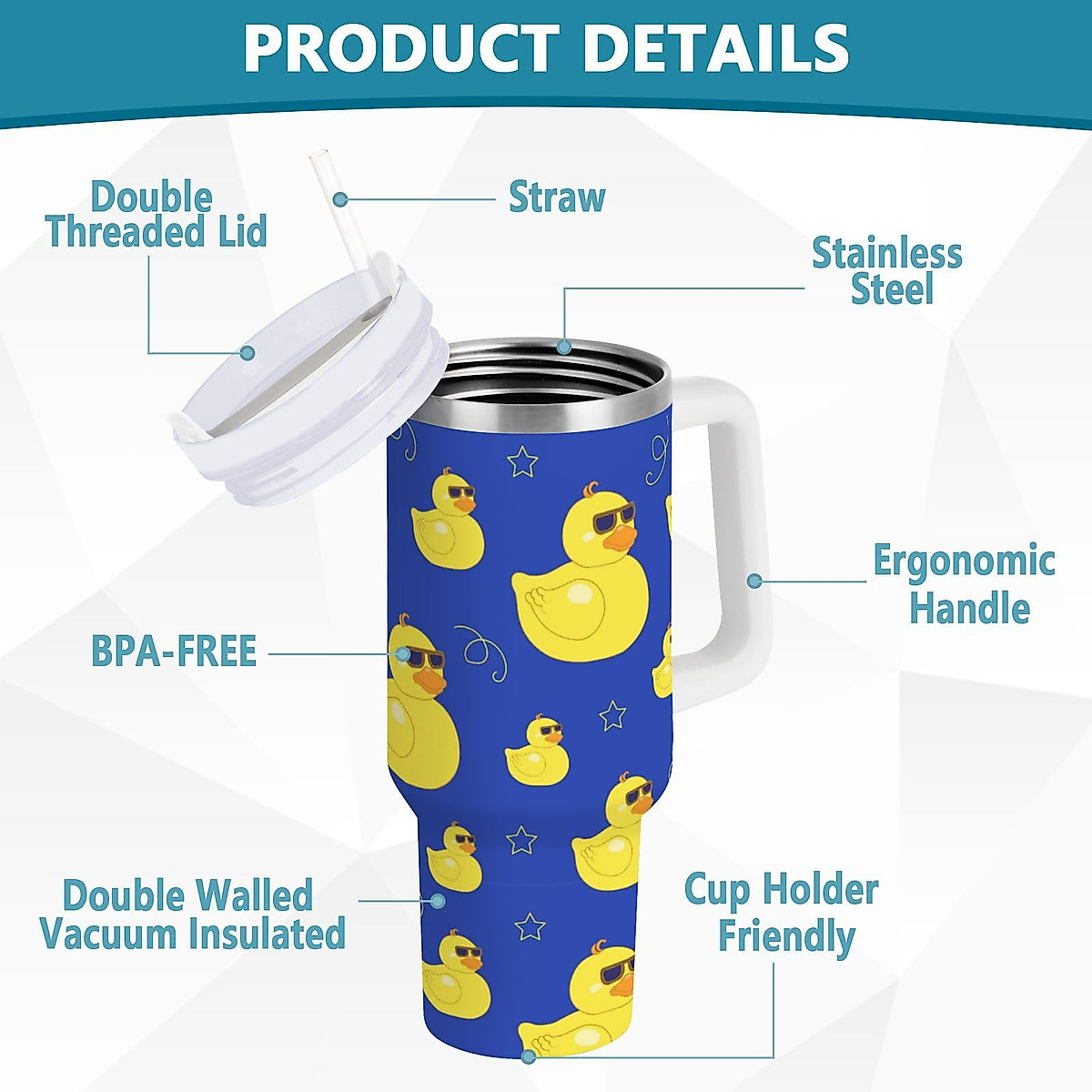 Doodle Cute Yellow Duck Blue Tumbler with Handle and Straw Lid, Cartoon Animal 40 oz Insulated Coffee Cup Stainless Steel Water Bottle Travel Mug Cupholder Friendly,Gifts for Women Men