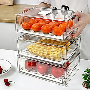XIYAO 2 pack Stackable Fridge Organizer Bins Drawers With Vented Lids And Drain Tray ,Clear Pantry Organization and Storage,BPA-free Food Fruit Vegetables storage for Freezer, Cabinet, Kitchen, 11.8"x8.11"x4.5"