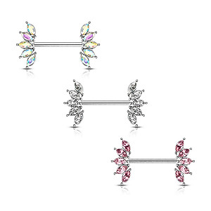 PIERCE ME (2Pcs) Shiny 5 Marquise Crystals Fan Ends Nipple Barbell Rings (Clear)