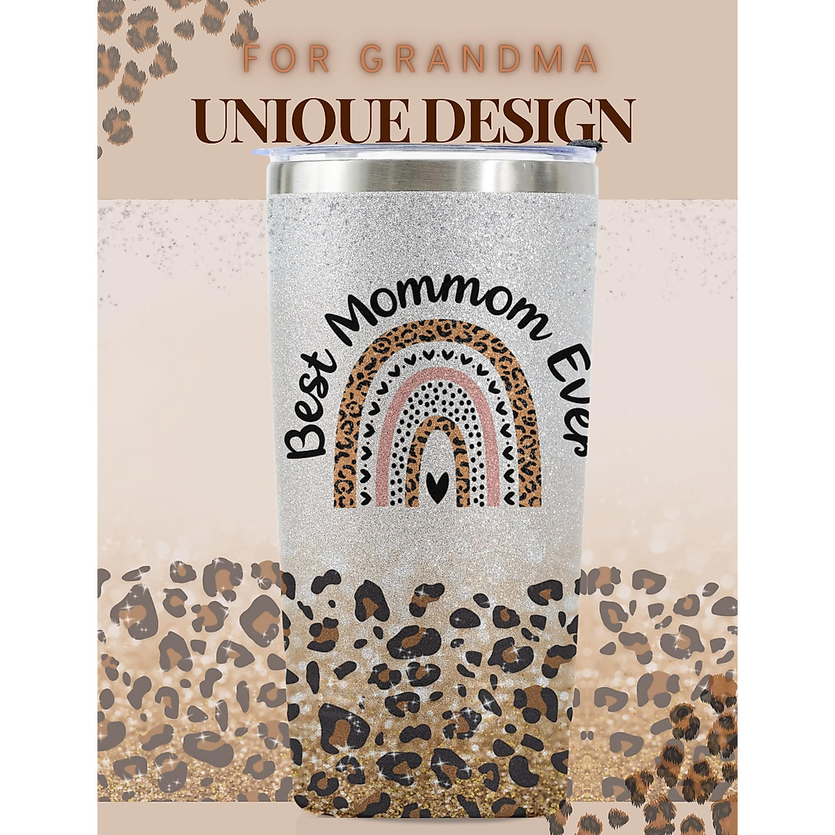 Onebttl Mommom Gifts from Granddaughter, Grandson, Insulated Stainless Steel Wine Tumbler with Lid and Straw, for Grandma on Mother's Day, Birthday, Christmas, Best Mommom Ever, Glitter Silver, 20 oz