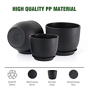 WOUSIWER Plant Pots 10/9/8 inch, Set of 3 Modern Decorative Plastic Planters with Drainage Holes and Saucers for House Plants Indoor Flowers Plants, Black