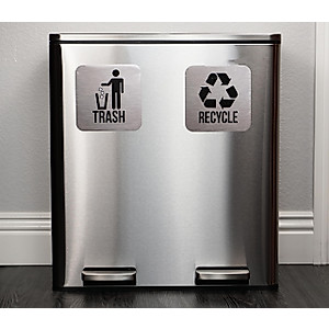 Recycle and Trash Stickers for Trash Cans - Stainless Steel Style Vinyl Recycling Bin Labels - 2 Pack - 6.5" by 6.5" Decals Logo - Waste Signs for Home Kitchen or Office Bins Indoor/Outdoor Use
