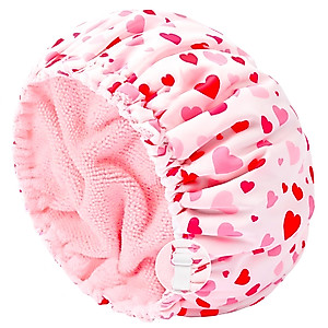 Shower Cap for Women Terry Lined Bath Cap Large Reusable Waterproof Elastic Band Pink Shower Caps for Long Thick Hair Soft Bath Shower Hair Caps
