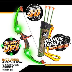 NKOK RealTree: Light-Up Archery Set 24.5" - Green -With Quiver, #25020, Arrows Can Shoot Up To 40 Feet, Includes 3 Arrows & Target, Lights Up & Flashing Patterns, Officially Licensed, For Kids Ages 6+