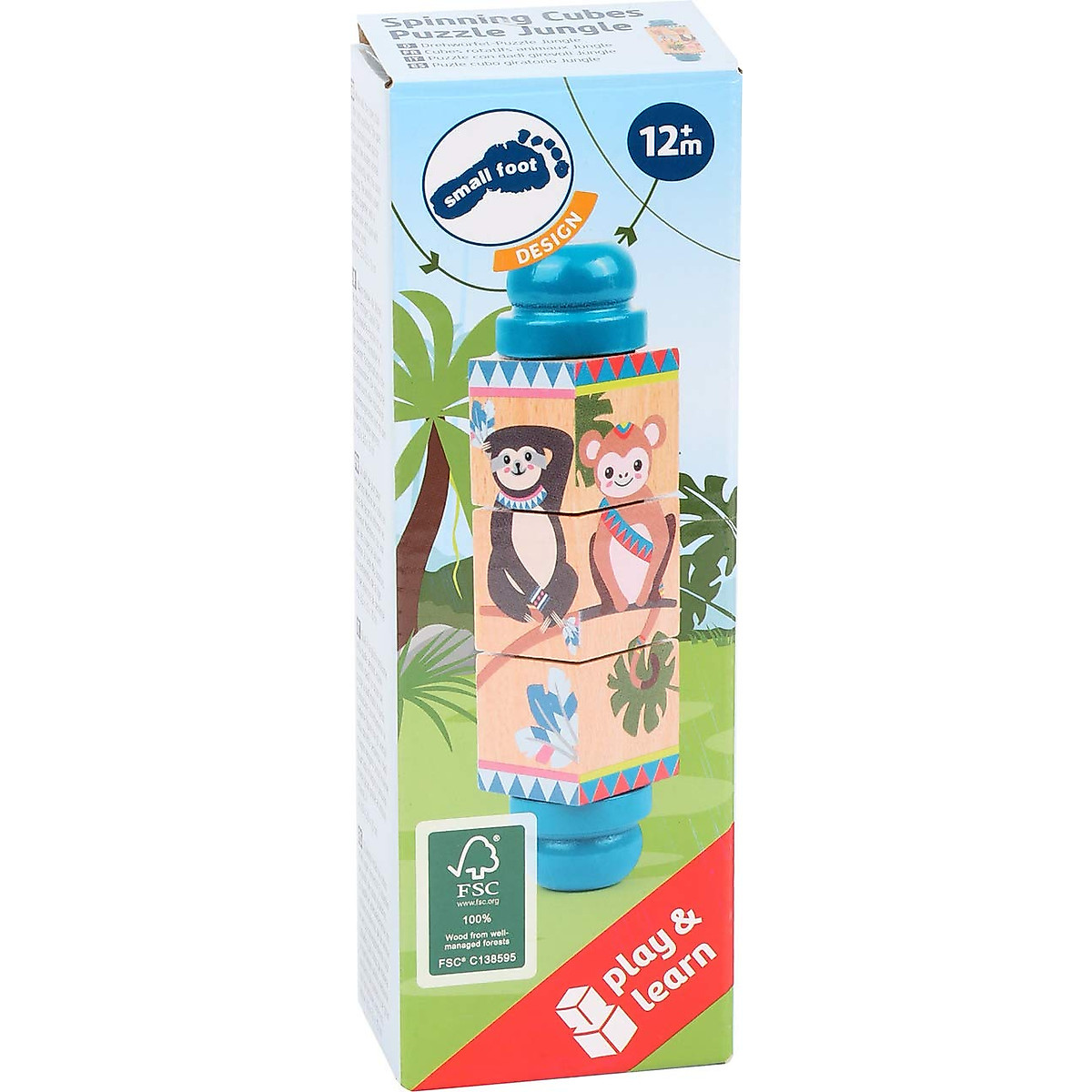 Wooden Spinning Puzzle Cube (Jungle Theme) by Small Foot – Babies Learn Patterns and Animals While Developing Fine Motor Skills – Classic Educational Game for Toddlers – Ages 12+ months