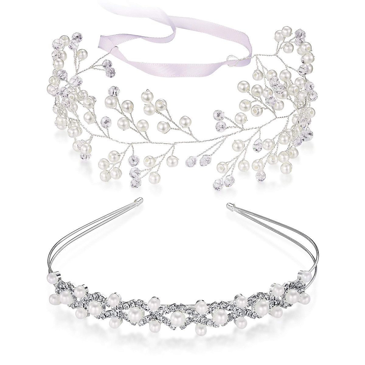 WILLBOND 2 Pieces Flower Girls Headpiece Princess Wedding Faux Pearls Rhinestone Headband Bridal Crystal Hairband Tiara for Flower Girls Toddler Crown Wedding Party Hair Accessory