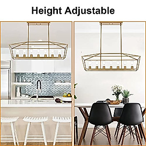VINLUZ 5 Light Modern Kitchen Island Light in Gold Finish,Industrial Hanging Pendant Lighting Fixture with Metal Frame Linear Lantern Chandelier for Dining Room Foyer Cafe Bar