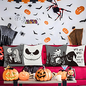 4Pcs Halloween Jack and Sally Christmas Pillow Covers 18x18 Inch Horror Cartoon Skull Throw Pillow Case Decorations Linen Decorative Square Cushion Covers for Home Sofa Couch Bed