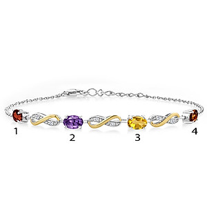 Gem Stone King 925 Silver and 10K Yellow Gold Customized and Personalized 4-Stone Oval Gemstone Birthstone and Lab Grown Diamond Infinity Tennis Bracelet For Women | Fully Adjustable Up to 7.5 Inch