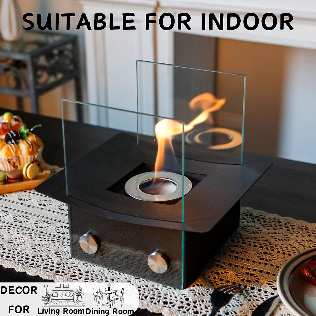 NEWIMAGE Tabletop Fire Pit, Fire Bowl 6Lx7Wx8 H Portable Tabletop Fireplace Clean Burning Bio Ethanol Ventless Fireplace for Indoor Outdoor Patio Parties Events