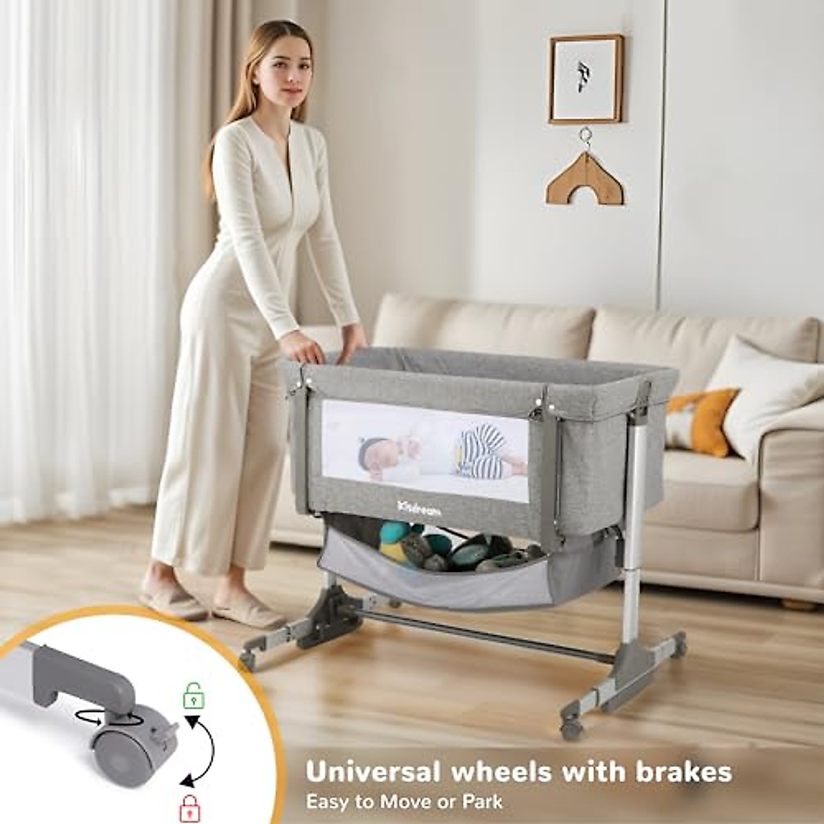 Kisdream Baby Bassinet Bedside Co-Sleeper Bed: Portable Cosleeper Crib Safe Cradle Bassinette Next to Tall Parent Bed Side Attached Cosleeping for Newborn & Infant with Adjustable Height