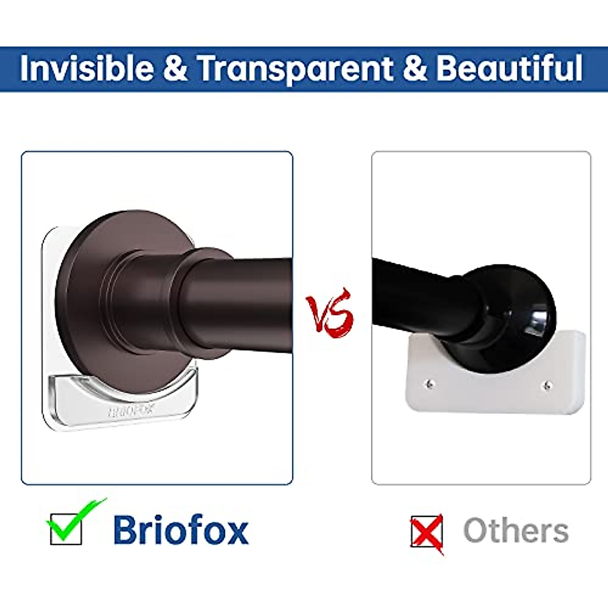 BRIOFOX Adhesive Shower Curtain Rod Holder | No Drilling | Invisible Wall Mount Holder | Transparent Rod Retainer, 2 Pack(Rod Not Included)