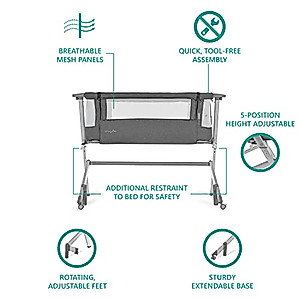 Dream On Me Skylar Bassinet and Bedside Sleeper in Grey, Lightweight and Portable Baby Bassinet, Five Position Adjustable Height, Easy to Fold and Carry Travel Bassinet, JPMA Certified