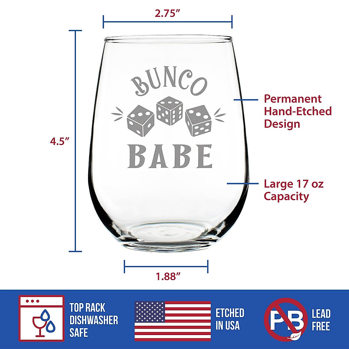 Bunco Babe Stemless Wine Glass - Bunco Decor and Bunco Gifts for Women - Large 17 Oz Glasses
