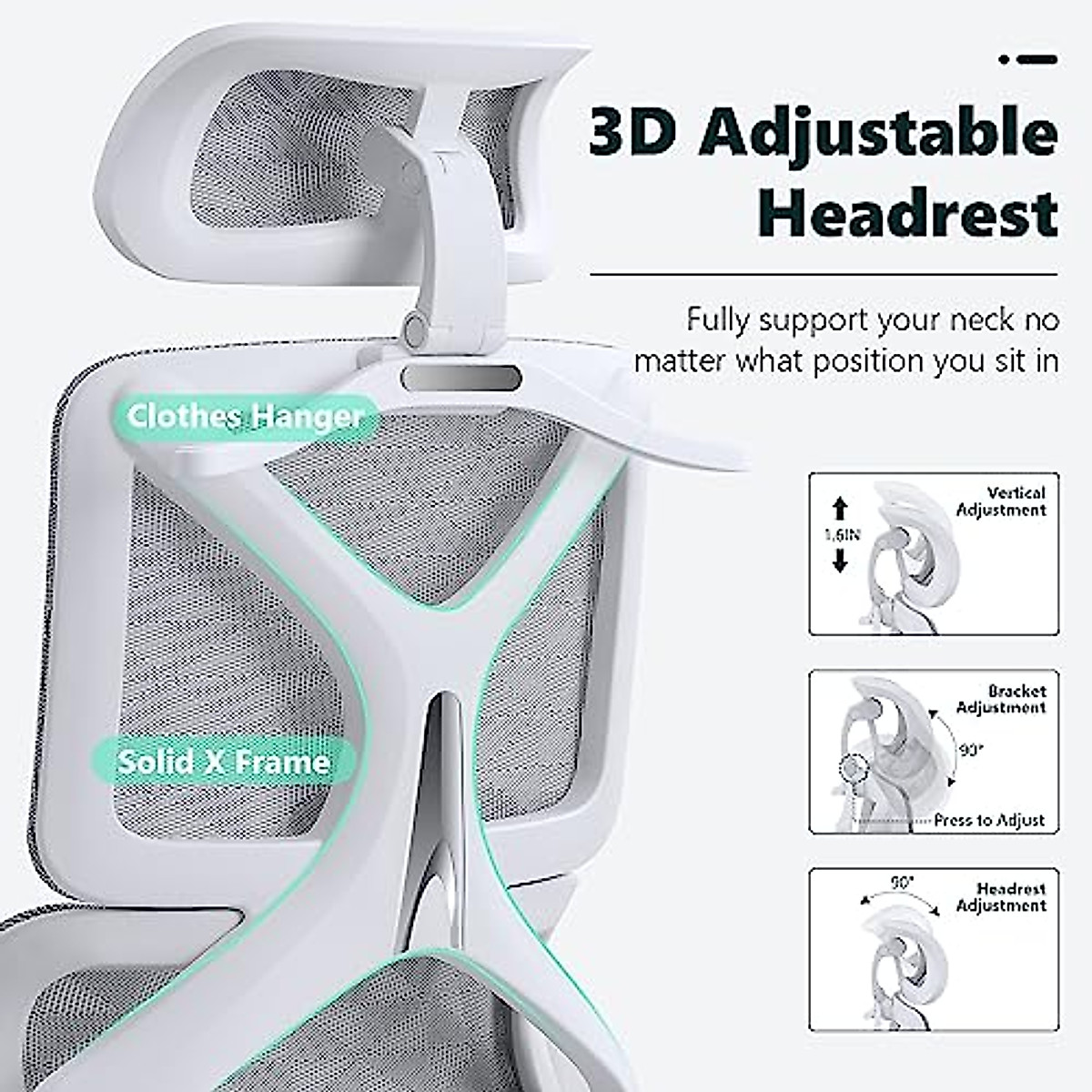 Memobarco Ergonomic Office Chair, High Back Desk Chair with Lumbar Back Support, 3D Adjustable Armrest & 3D Headrest, Comfortable Computer Mesh Chair with PU Wheels for Executive, Gaming, White