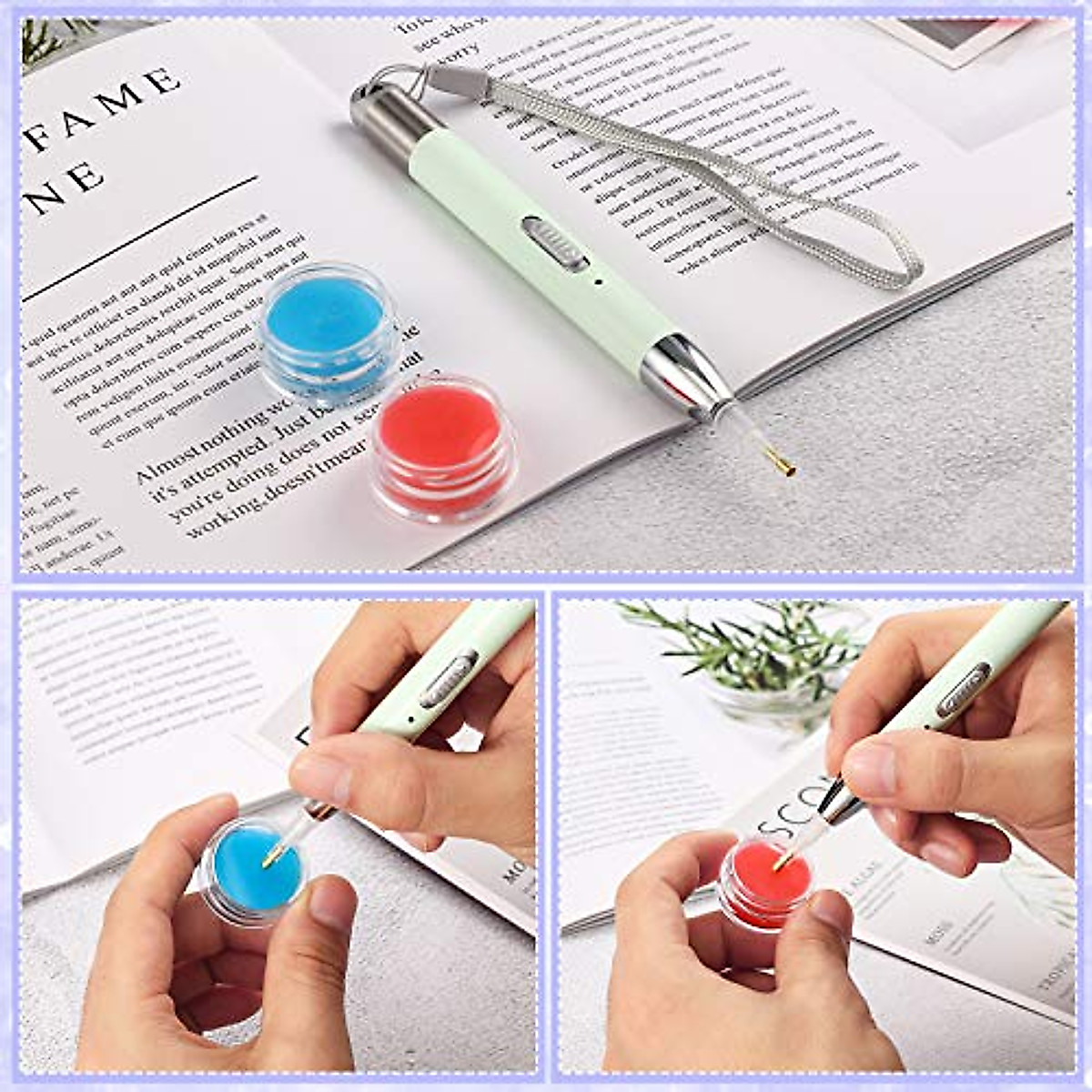 2 Pieces Diamond Painting Pen LED Drill Pens, Diamond Painting Accessories, 12 Replacement Pen Heads, 2 Anti-Slip Mats, 2 Wax Organizer Storage Cases for DIY Painting Craft Tools (Purple, Green)