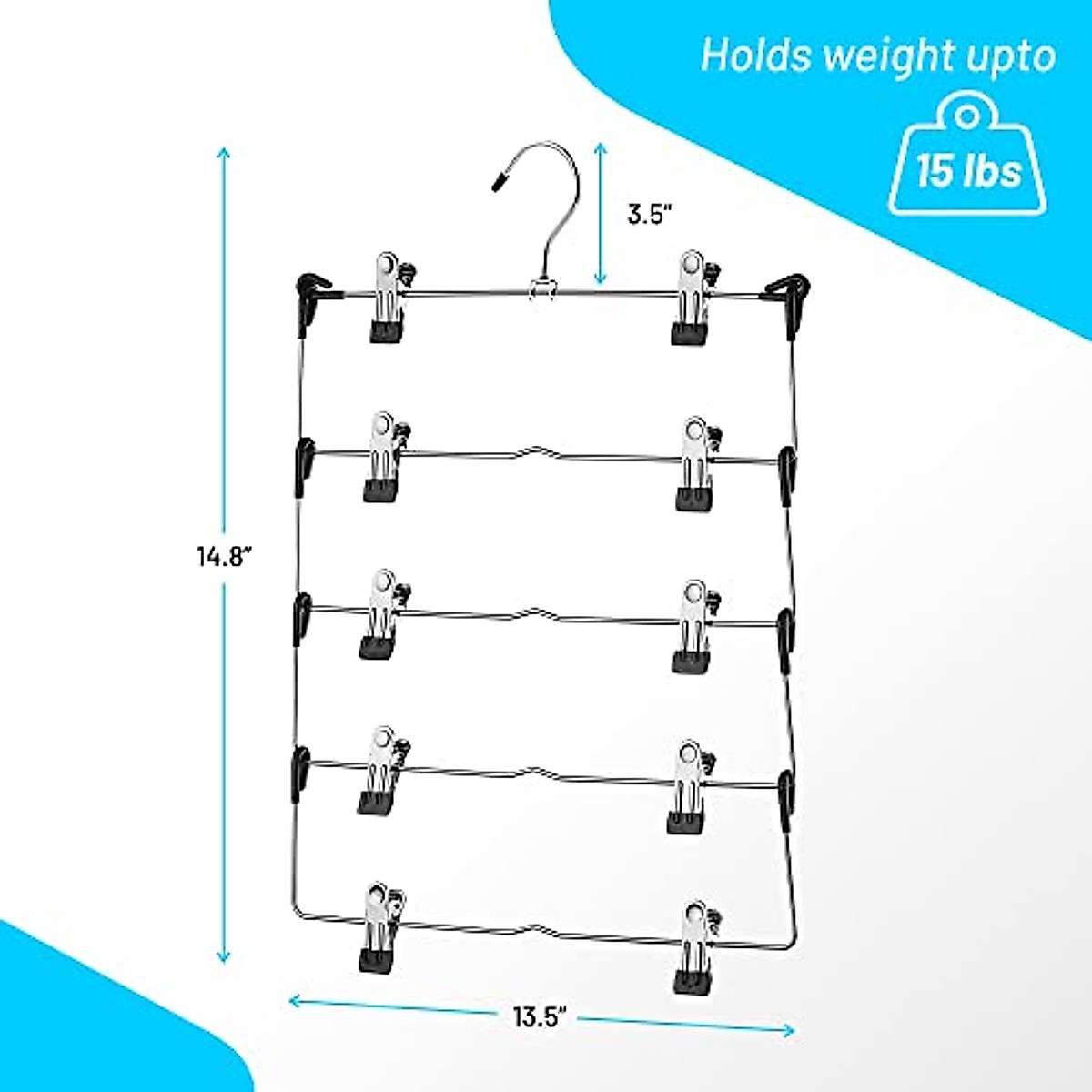 5-Tier Skirt Hangers with Clips (3 PK) Pant Hangers Space Saving Multiple Hangers in one Clothes Hangers with Clips Multiple Pants Hangers for Closet Bottom Hangers Metal Pants Hangers with Clips