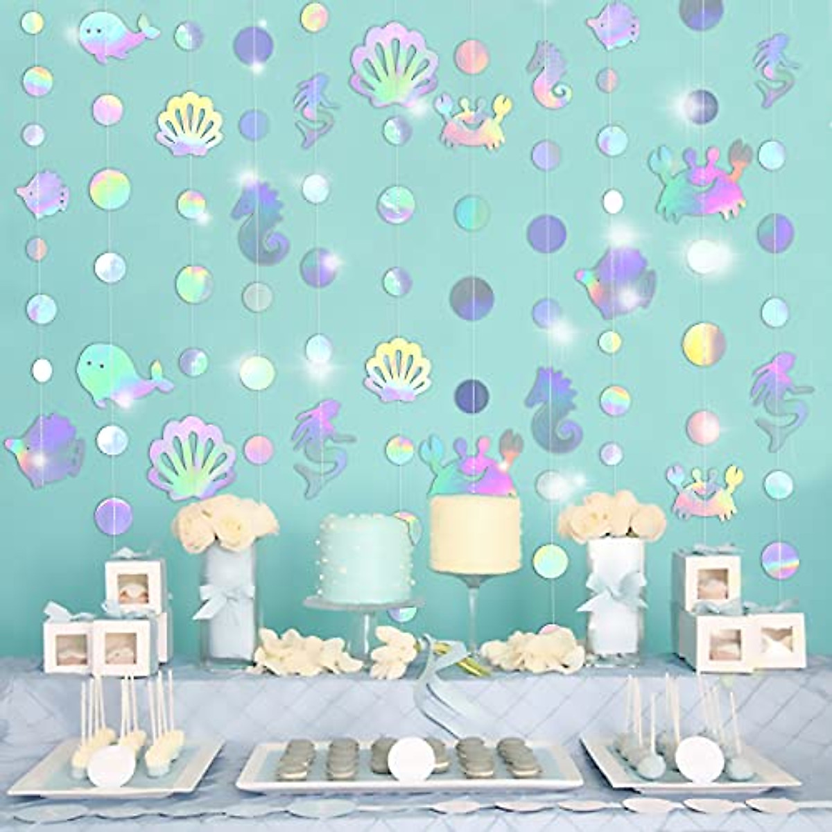 59 Ft Ocean Collection Mermaid Garland Party Decoration,Little Mermaid Party Decorations, Mermaid Birthday Decorations,Iridescent Mermaid Garland Baby Shower Under The Sea Party Decorations Pearl Holographic Paper Streamer for Little Mermaid