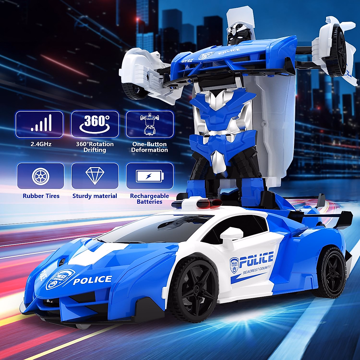 DEERC Transform Remote Control Car,2.4GHz Robot RC Cars,1:18 Scale Police Car Toy One-Button Deformation & 360° Rotating Drifting for Kids Boys Age 4-7 8-12 Birthday Xmas Gift