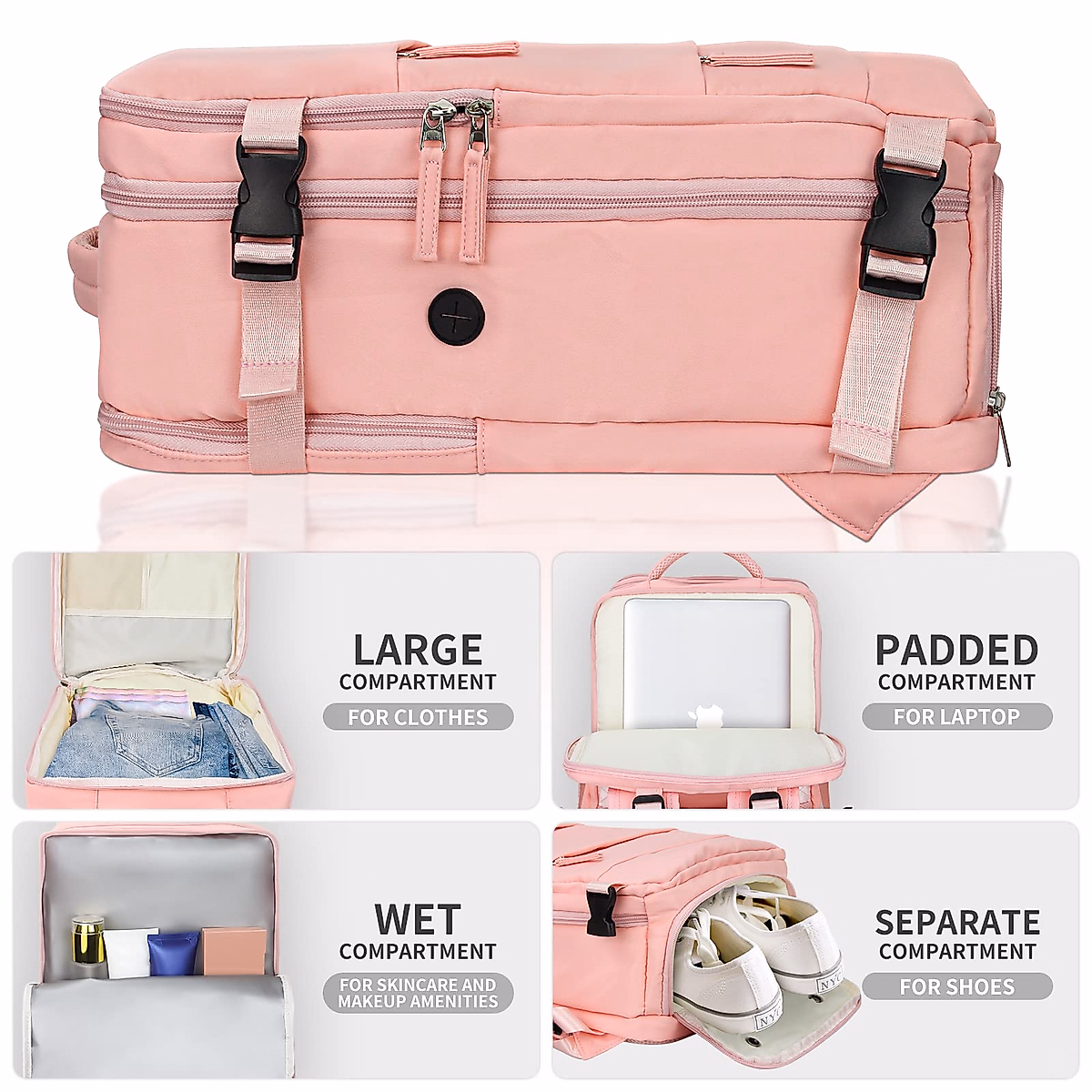 Travel Backpack for Weekend Trip, Travel Backpack for Women with Wet Compartment for skincare and makeup amenities, Large Backpack with Shoe Compartment for Airline Approved