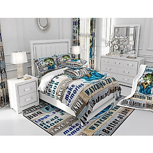 Bass Fish Fishing Theme Kids Comforter Set Queen Size,Lake House Cabin Camper Bedding Set,Girls Boys Adults Room Decor,Teal Wooden Plank Down Comforter,Rustic Farmhouse Duvet Insert,2 Pillowcases