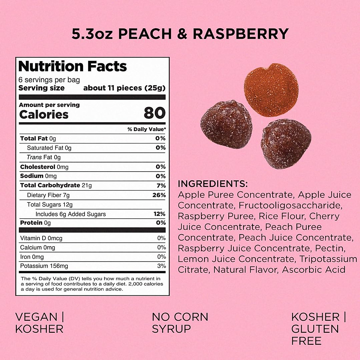 Simply Really Real Gummies | Made with Real Fruit | Peach and Raspberry | 5.3 oz (Pack of 2) | No Cane Sugar + Gluten Free + Kosher