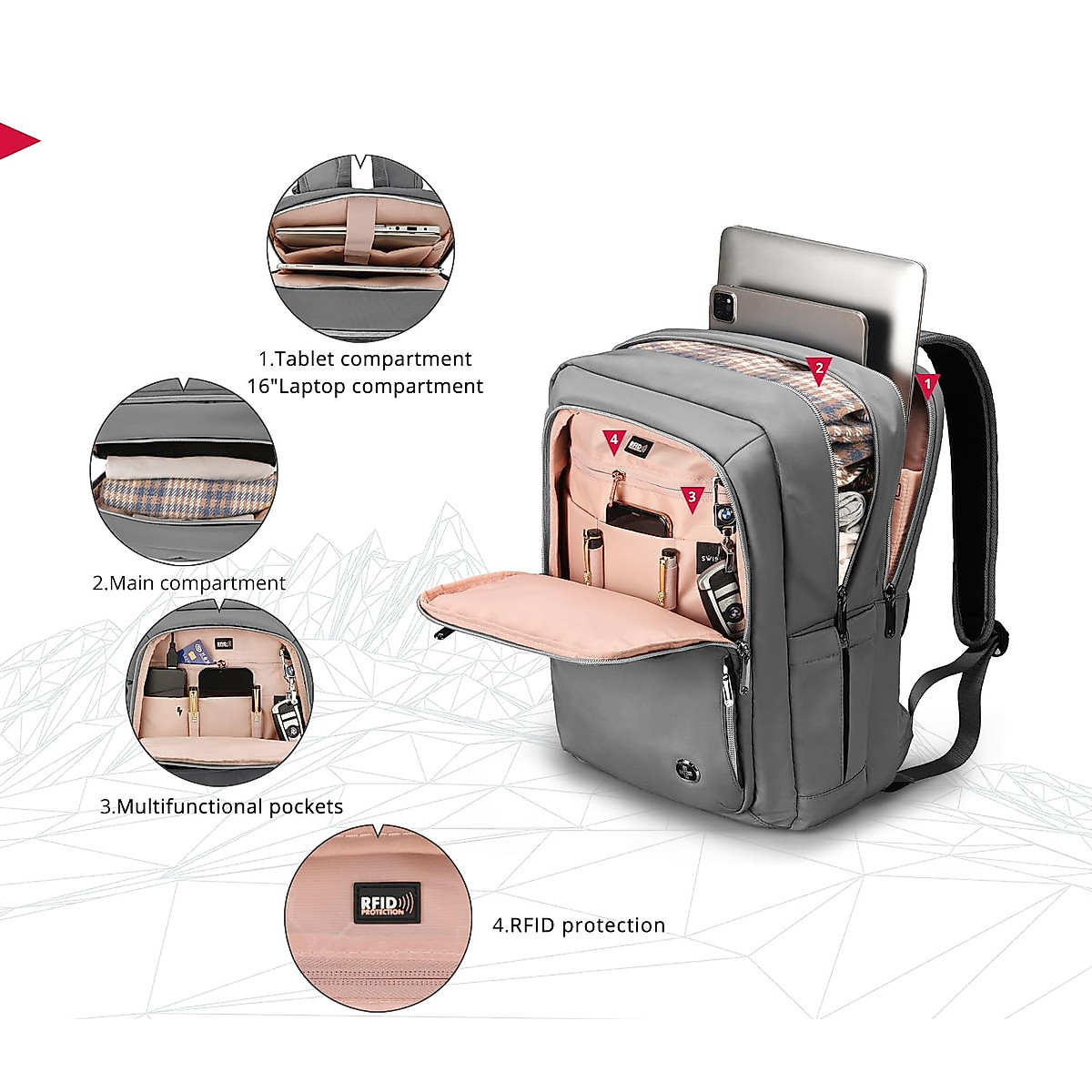 Swissdigital Design Laptop Backpack For Women，College Bookbags With USB Charging Port，Large Capacity Computer Backpacks For Work Business Grey(Katy Rose SD1006F-02)