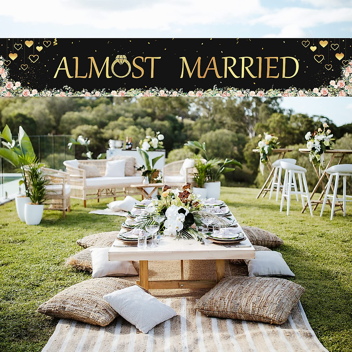 WHPCT Almost Married Banner,Gold Romantic Flower & Heart Sign Banner Backdrop For Bridal Shower,Wedding Party Yard Sign Decorations 9.8 X1.6 Feet