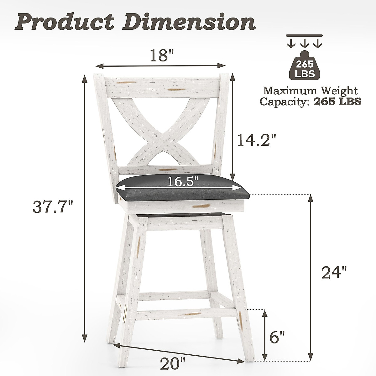 MU Bar Stools Set of 4, 24" Seat Height Counter Height Swivel Barstools with X-Back, Upholstered 360 Degree Swivel Dining Chair with PVC Cushioned Seat, Footrest & Wood Legs, White