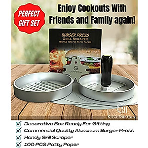 Kitchen RMore Burger Press + Pocket Grill Scraper + 100 Patty Paper + Recipe EBook | Non-Stick Aluminum Hamburger Press Patty Maker for Perfect Meat Patties, Veggie Burgers, Salmon Patties