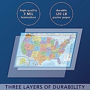 2 Pack - Laminated World Map Poster & USA Map Set - Equal Earth world map design shows continents at true relative size - US Map 18” x 29”