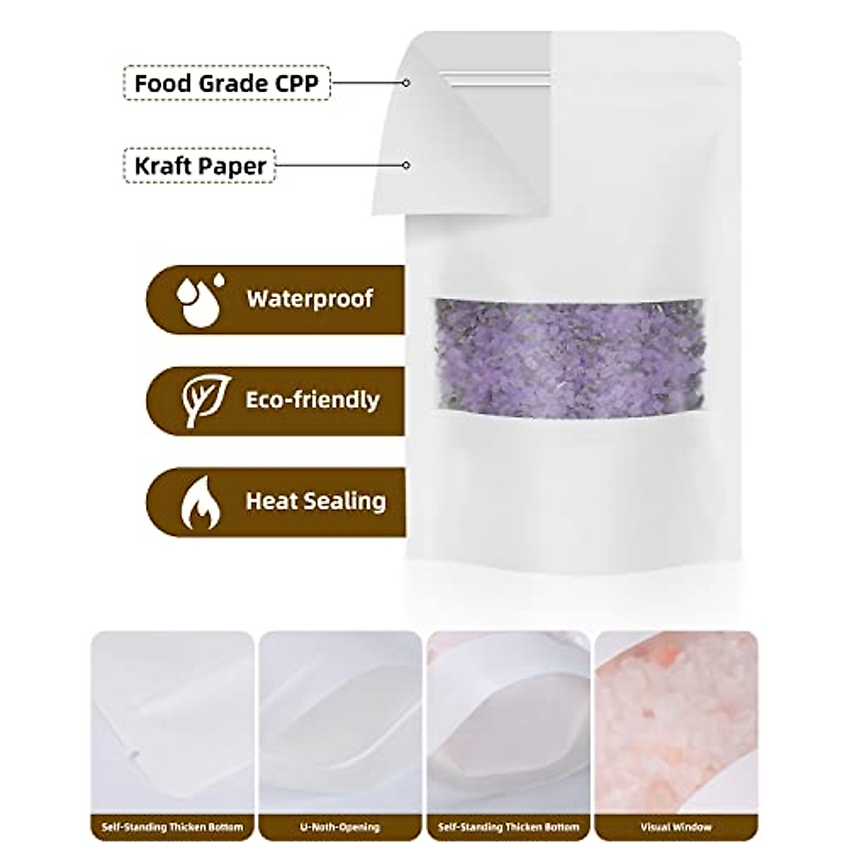 Larzack 100pcs Kraft Bags with Window 3.5x5.5 Inches White Reusable Sealable Zip Lock Food Storage Stand up Paper Pouches for Home or Business