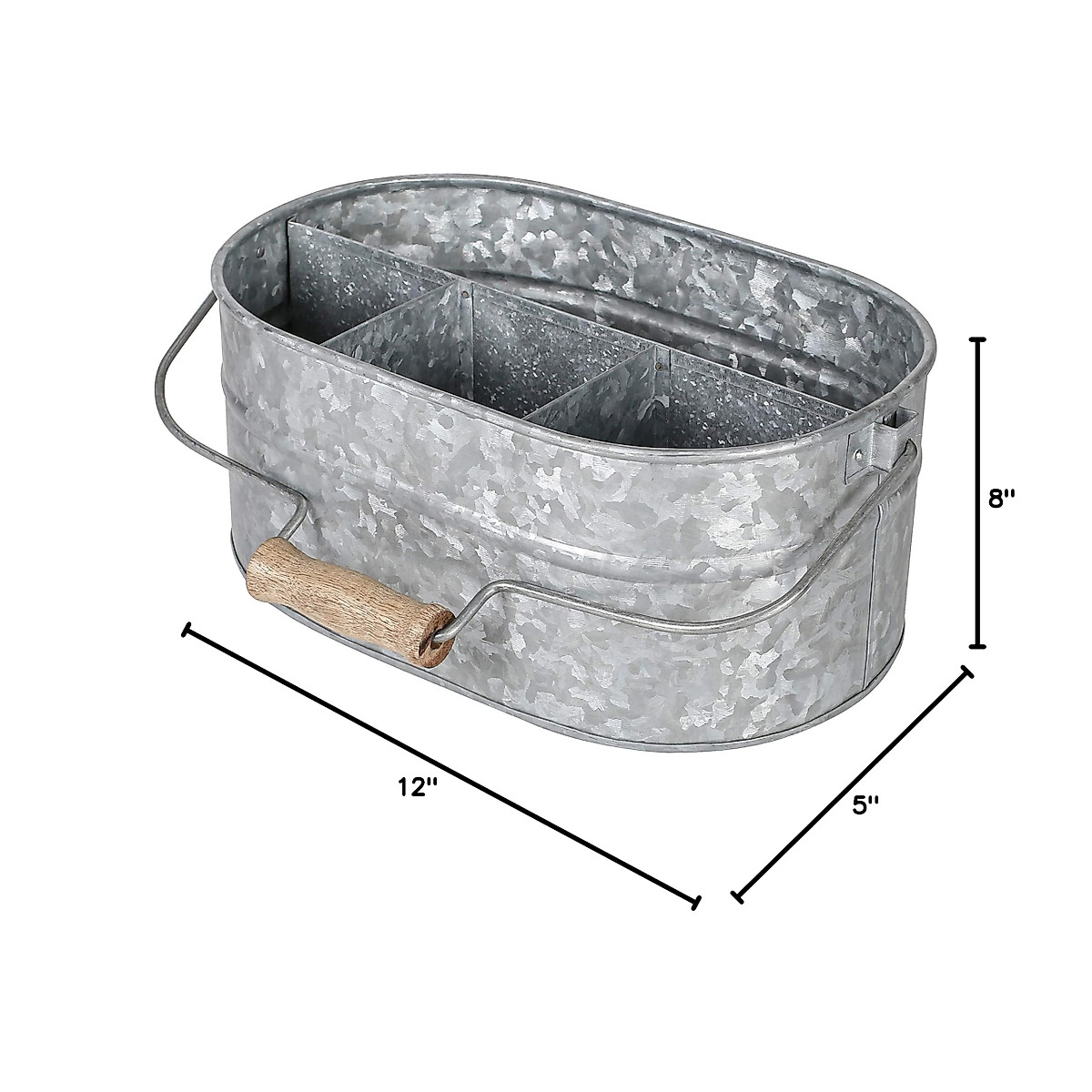 Farmhouse Utensil Caddy Carry-All and Silverware Holder, Galvanized Metal Organizer with Sturdy Dividers,for Flatware, Condiments, Party Cutlery, Arts and Crafts Supplies 12x 8x5 Inch-Antique Natural