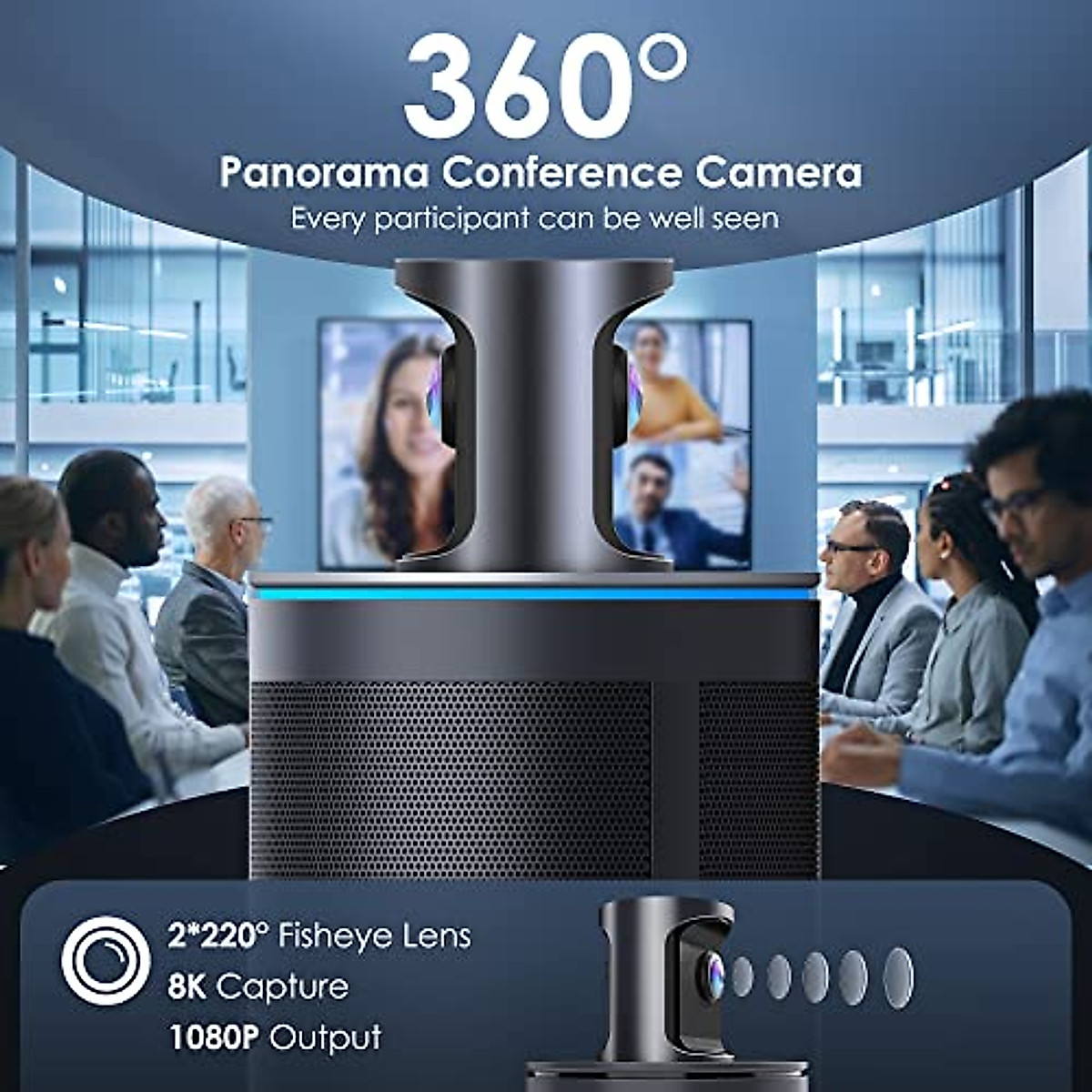 KanDao Meeting 360 Video Conference Room Camera, 8K Captured 1080P HD 360° Meeting Room Camera, 8*Mics & 20W Speaker Automatic Speaker Focus & Smart Zooming All-in-one Plug & Play Conference Webcam