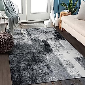 Lahome Modern Washable Living Room Area Rug - 3x5 Throw Soft Small Rugs for Bedroom Non-Slip Stain Resistant Entryway Rug Kitchen Rugs Grey Abstract Print Capet for Office Laundry Room Dining Room