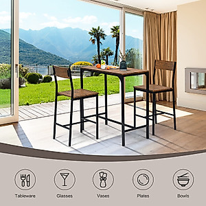 COSTWAY 3 Pieces Bar Table Set, Pub Table Set W/Heavy Duty Steel Frame, Modern Industrial-Style Table & Chair Set for Kitchen, Dining Room, Breakfast Nook, Bistro, Easy Assembly