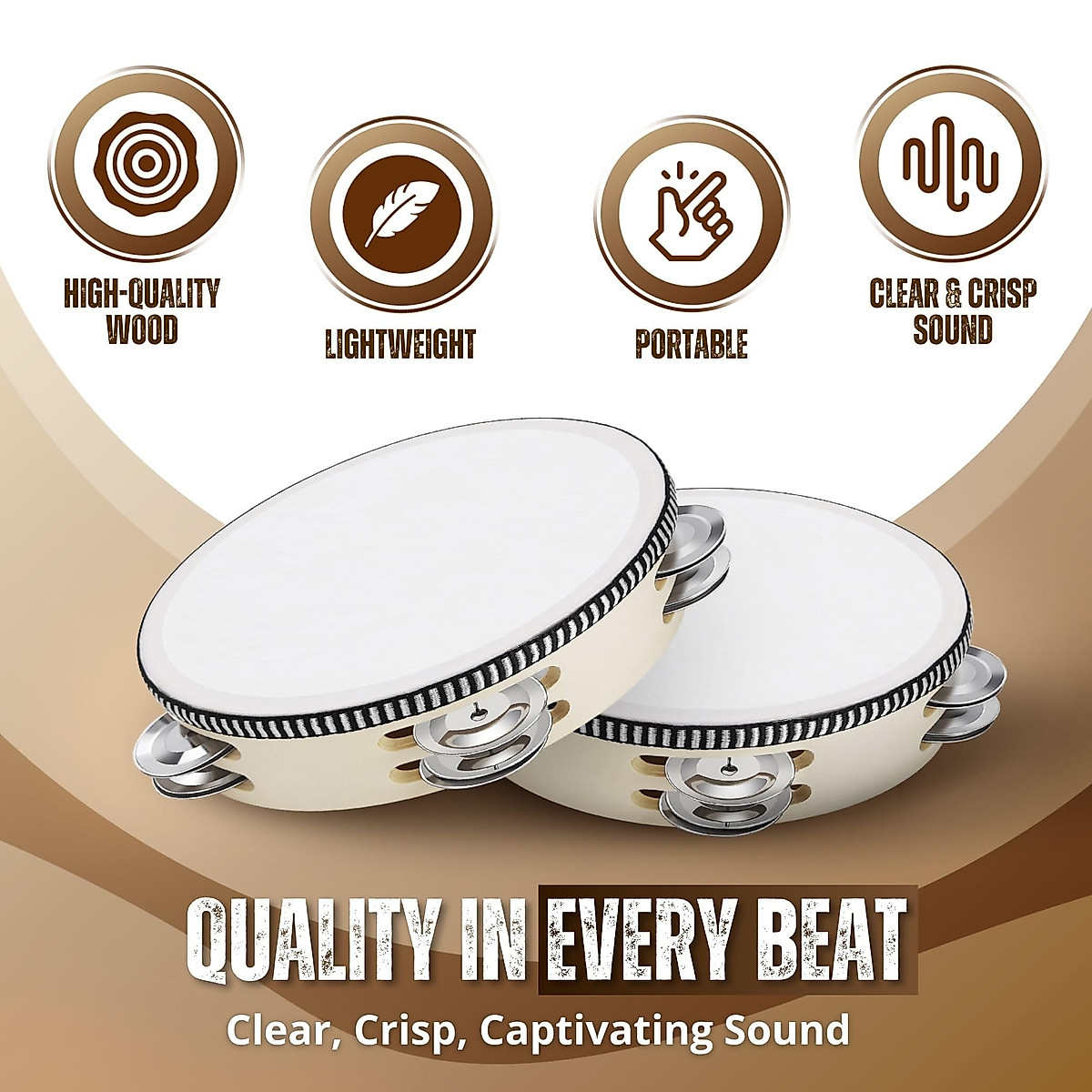 Flexzion Wood Handheld Tambourine Adults 6-Inch Double Row 8-Pair Jingles (Wood) - Percussion Round Tamborines Musical Instrument with Metal Zills