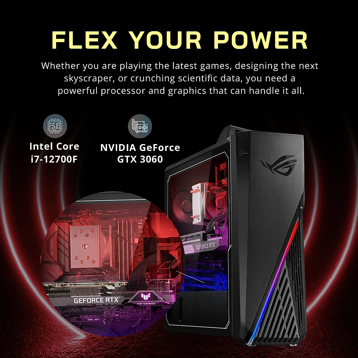 Asus 2022 ROG Gaming Desktop, Intel Core i7-12700F Processor, 32GB DDR4 RAM, 1TB PCIe SSD + 1TB HDD, NVIDIA GeForce RTX 3060 12G DDR6, Win 11 Pro, Black, 32GB Snowbell USB Card