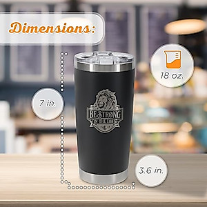 Christian Art Gifts Large Travel Tumbler for Men & Women Stainless Steel Vacuum Insulated Inspirational Scripture: Be Strong Engraved Lion, Retractable Lid, Black, 18 oz.