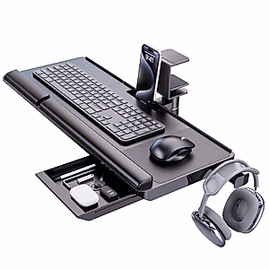 Rotating Keyboard Tray Under Desk - Klearlook PU Leather Keyboard Drawer Adjustable C Clamp,Ergonomic Mouse Keyboard Platform Extender,No Drilling,Easy Install Keyboard Stand,23.62"x 9.84"Inch-Black