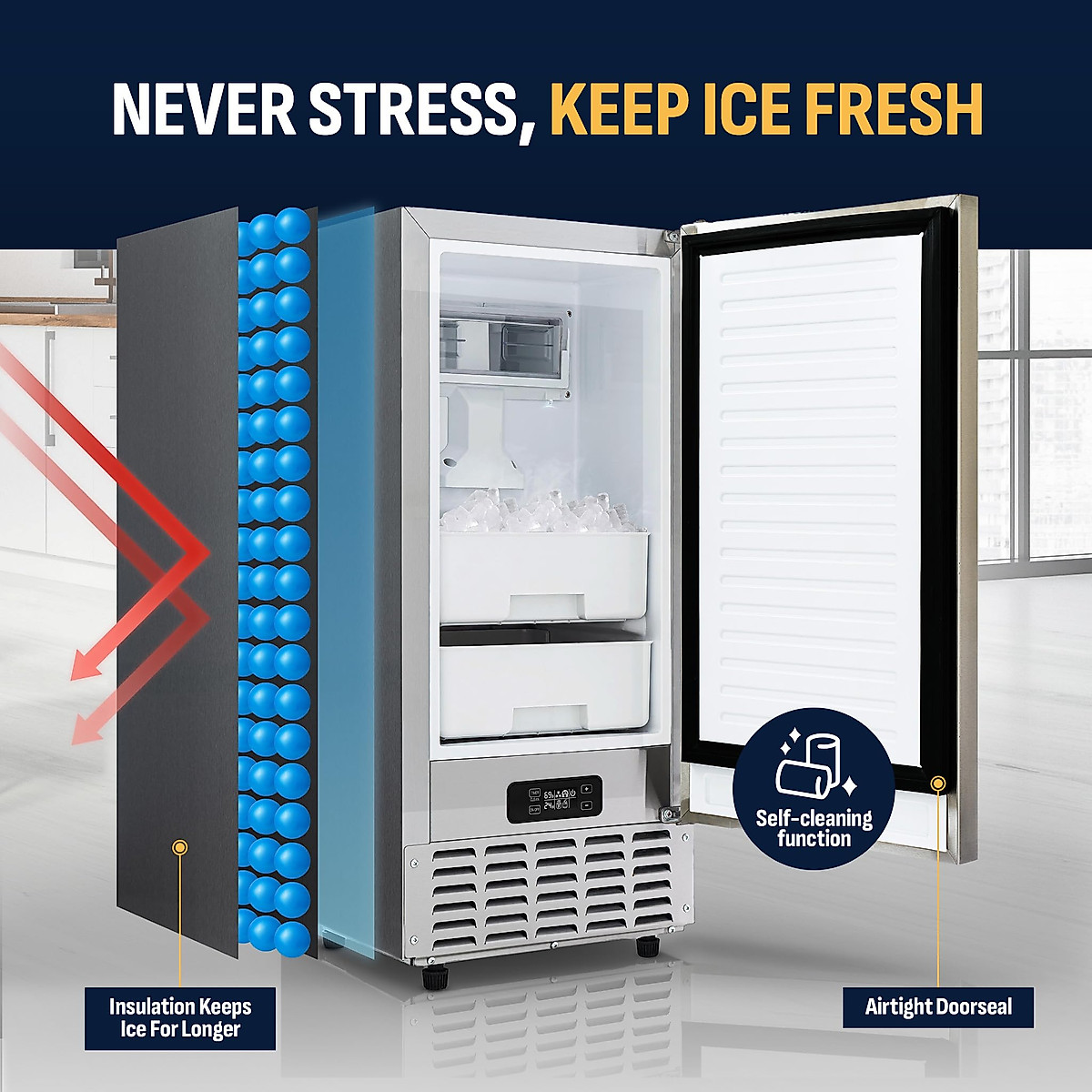 Newair 15" Undercounter Nugget Ice Maker, Pebble Ice Maker Producing 66 lbs. Daily, Built-in or Freestanding in Stainless Steel, Sonic Ice Makers for Home, Bar, Restaurant