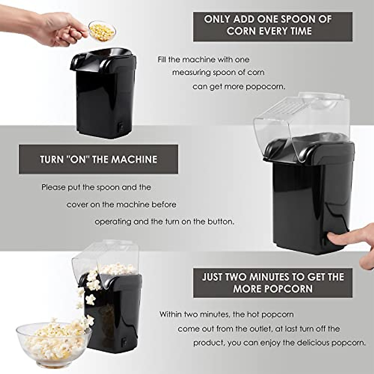 Hot Air Popcorn Popcorn Maker, Electric Popcorn Maker with Measuring Spoon Free Small Popcorn Maker No Oil Fast Air Popped Popcorn Maker for Watching Party Movies & Football Match (Black)