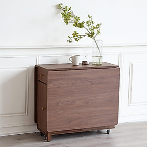 COMUHOME Extendable Drop Leaf Foldable Dining Table with 2 Drawers and 4 Wheels for Living Room Kitchen Farmhouse Space Saving Table in Walnut