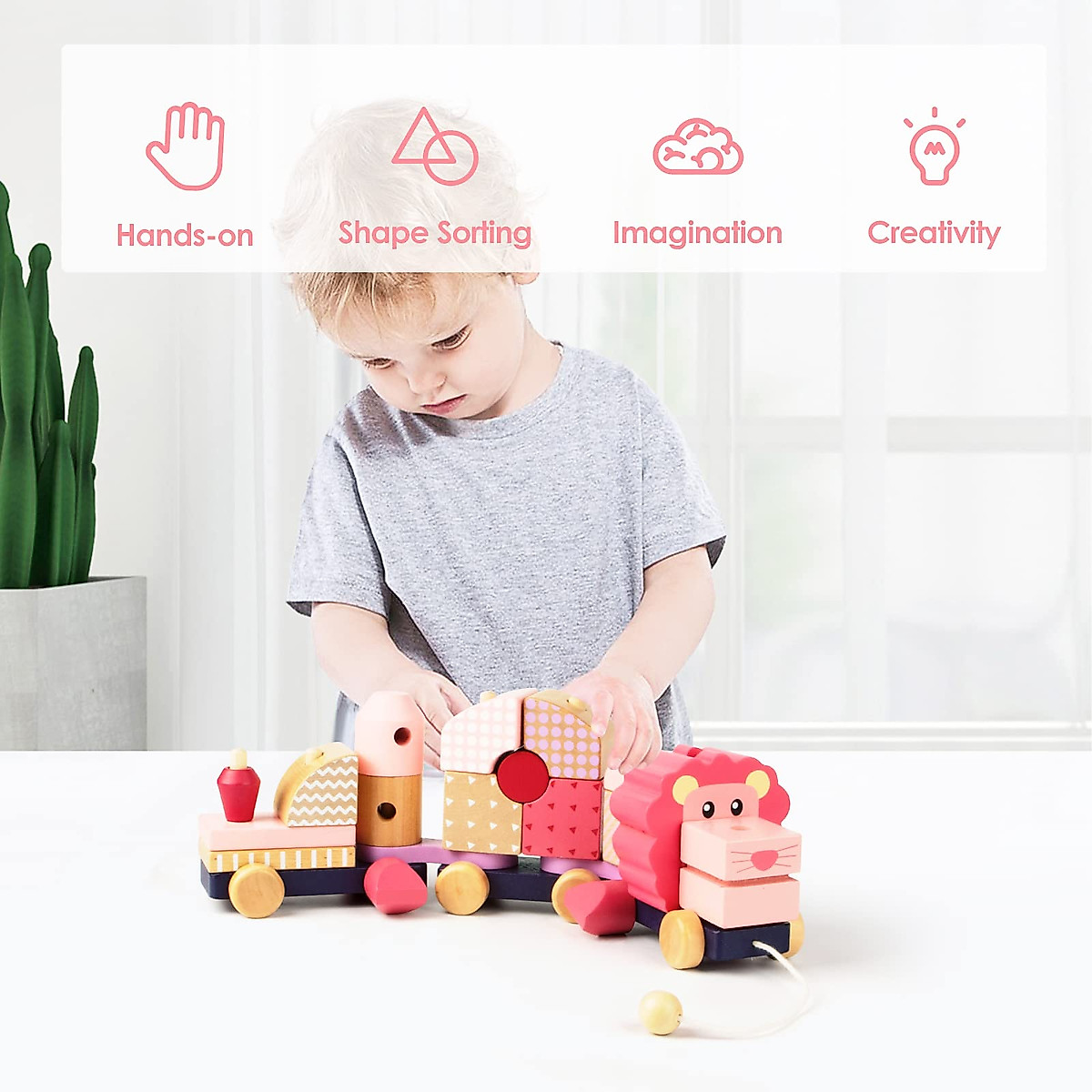 Toddler Montessori Toy, Wooden Block Train Set Stackable Building Blocks Toy Shape Sorter Toy Pink Lion Pull Toy for Baby Girl Ages 2 4 3 Years Birthday Gift Early Learning Educational Toy