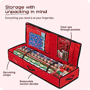 Nakior Christmas Wrapping Paper Storage Container – Xmas Gift Wrap Organizer With Pockets– Stores up to 24 Rolls – Under Bed Storage Bin For All Christmas Accessories – Made from 600 Oxford Fabric