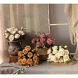 Tifuly Roses Bouquet Artificial Silk Flowers,2PCS Realistic Fake Roses Artificial Flowers with 9 Branch 12 Roses Heads Arrangement for Wedding Party Home Office Decoration (White)