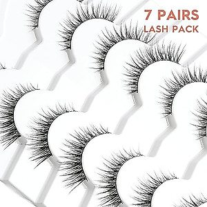 Natural Cat Eyelashes Mink Lashes Wispy Thinner Band 14mm False Eyelashes Natural Look 3D Volume Lashes C Curl Fake Eyelashes 7 Pair Siligli