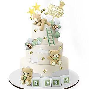 41 Pcs/Set Bear Cake Toppers Mini Bear Cake Decorations Cake Toppers Gold White Pearl Ball for Boy Girl Baby Shower Birthday Party Decorations (Green, Brown, Cute Style)