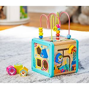 Pidoko Kids Baby Shark Toys - Wooden Activity Cube for Toddlers 1-3 | Baby Activity Cube, Bead Maze, Shape Sorter Blocks - First 1st Birthday Gift for Boys Girls - Wooden Toys for 1 Year Old Gifts